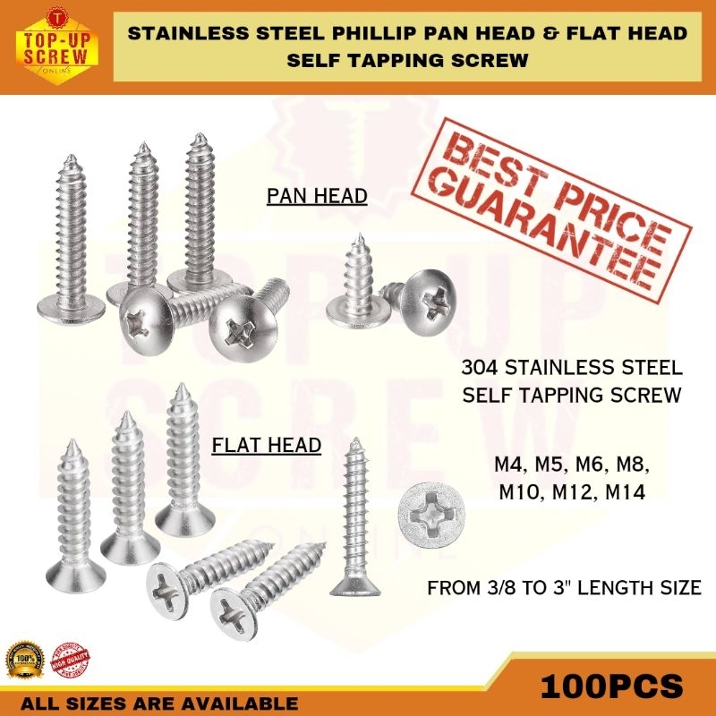 (100pcs) #8 - #10 Stainless Steel Phillip Panhead/ Flathead Metal Screw ...