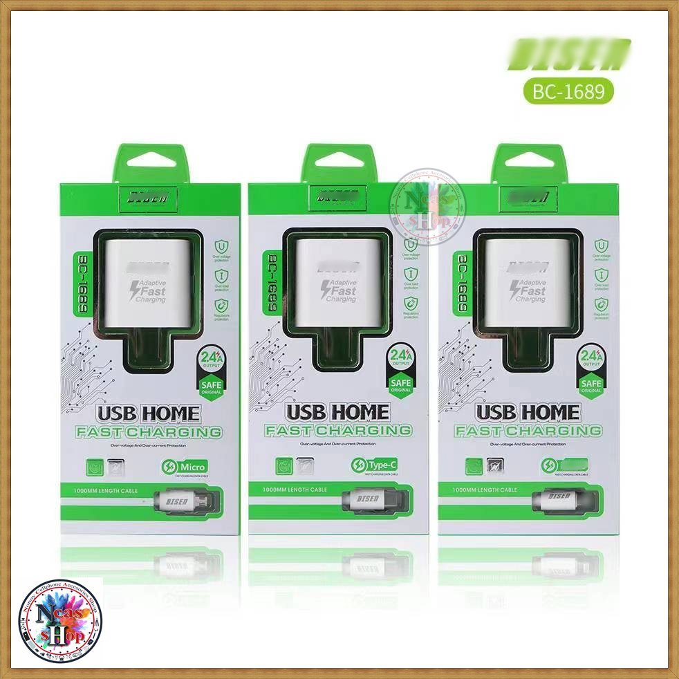 NCASH BC-1689 2.4A USB Home Adaptive Fast Charger with USB Cable for (Android / Lightning / Type ...