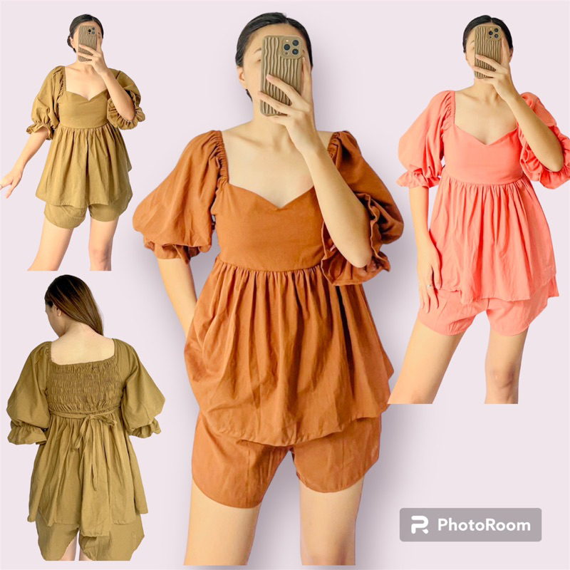 MADEL PUFF SLEEVE TOP TERNO SHORT WITH 2 POCKET | Shopee Philippines
