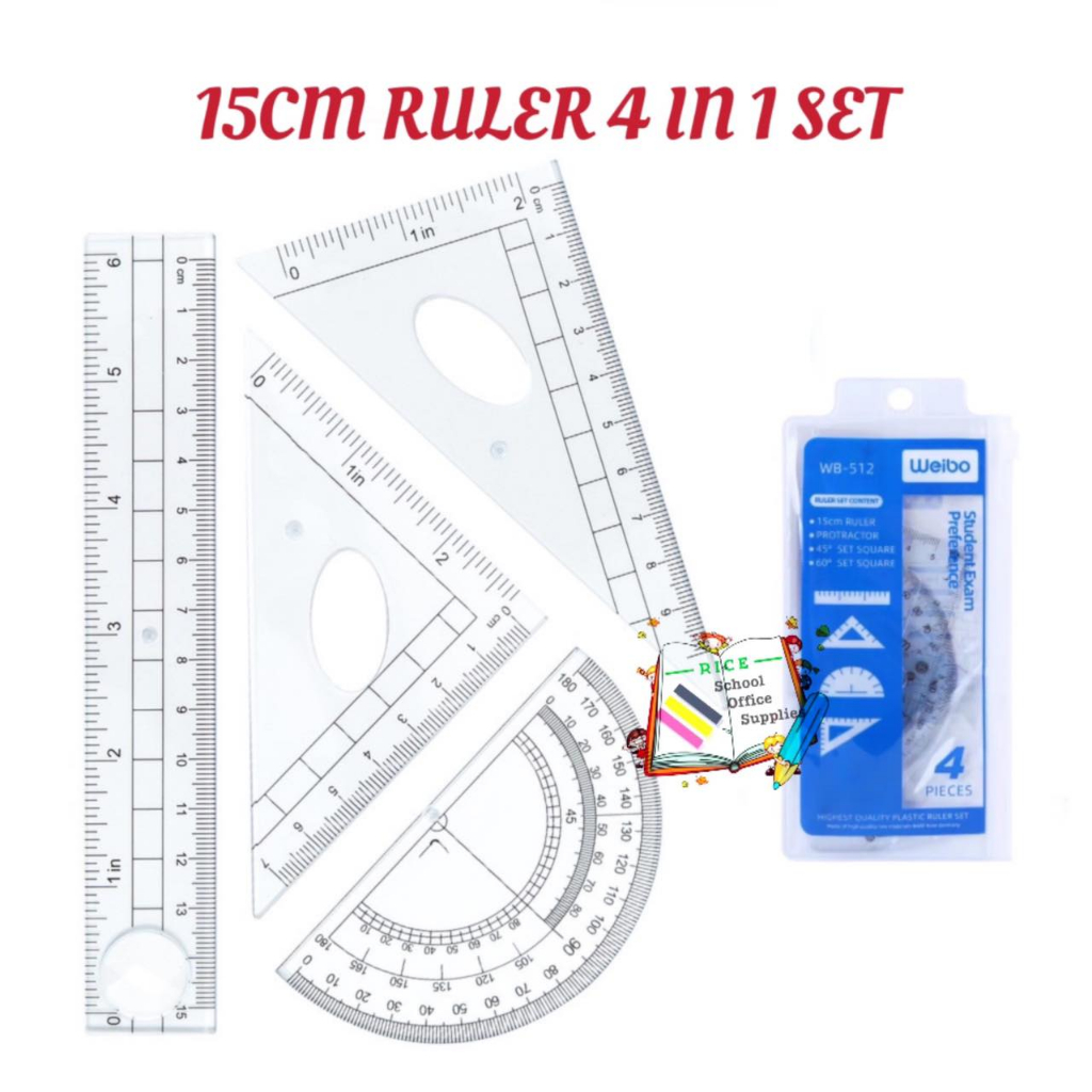 15CM Ruler 4 IN 1 SET Transparent Drawing Set Ruler Student Set ...