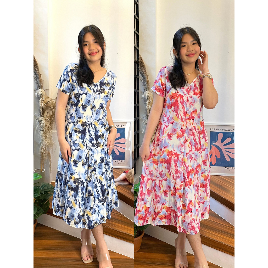 Reema Dress | Plain & Printed V-Neck A-Line Midi Dress Lola's PH ...