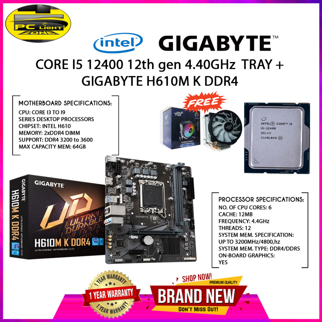 INTEL CORE I5 12400 6C-12T 12TH GEN 2.5 to 4.4 GHz (TRAY TYPE) + GIGABYTE H610M K DDR4 (BUNDLE ...