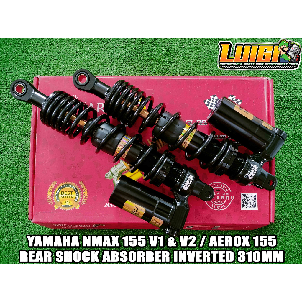 MUTARRU NMAX 155 V1 & V2 /AEROX 155 V1 & V2 INVERTED REAR SHOCK ADJUSTABLE W/TANK 310MM BLACK ...
