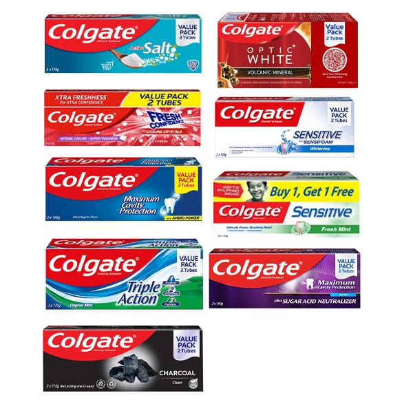 COLGATE TWIN PACK MULTIPLE VARIANT and Size Fresh Charcoal Salt Optic ...