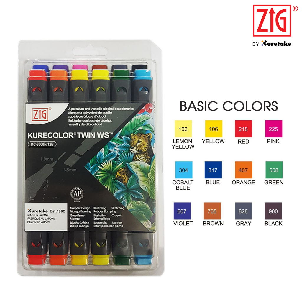 ZIG Kurecolor KC3000 - 12 Color Set - Top Quality Refillable Twin ...