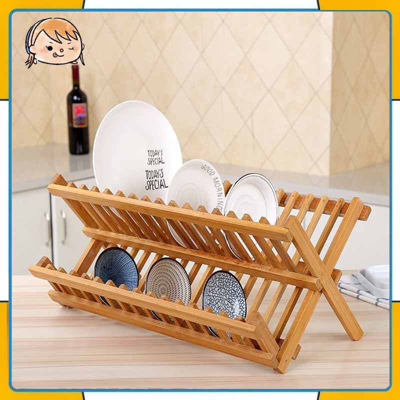 4-16Grid Kitchen Dish Rack Bamboo Folding 2-Tier Collapsible Drainer ...