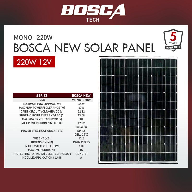 BOSCA NEW Monocrystalline Solar Panel 5 YEAR WARRANTY MONO 220W 12V ...