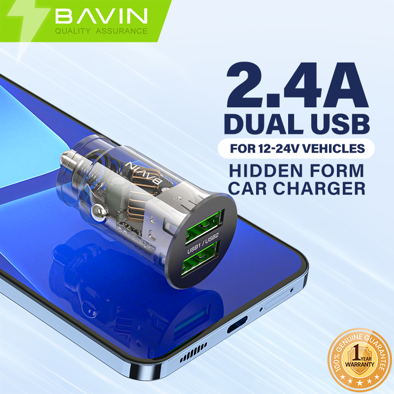 BAVIN PC887 2.4A Car Charger Invisible Compact Double USB Port 12-24V Wide Compatibility For ...