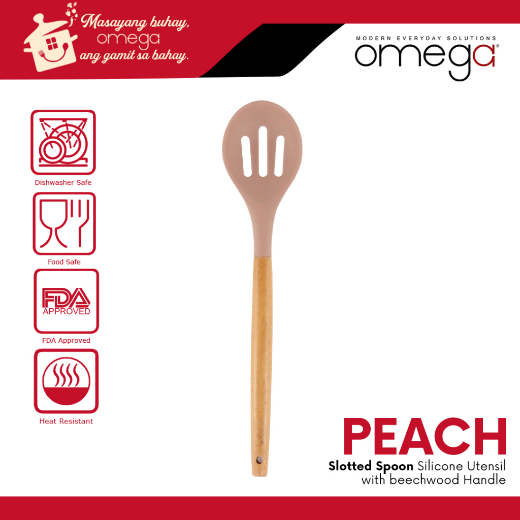 Omega Peach Slotted spoon Silicone Utensil with beechwood Handle ...