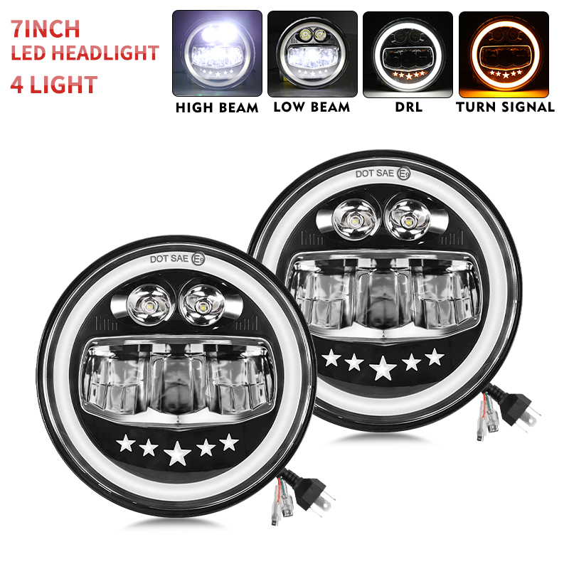 7 Inch LED Headlights DRL Hi/Lo Beam 50W 30W Halo Ring Amber Angel Eye ...