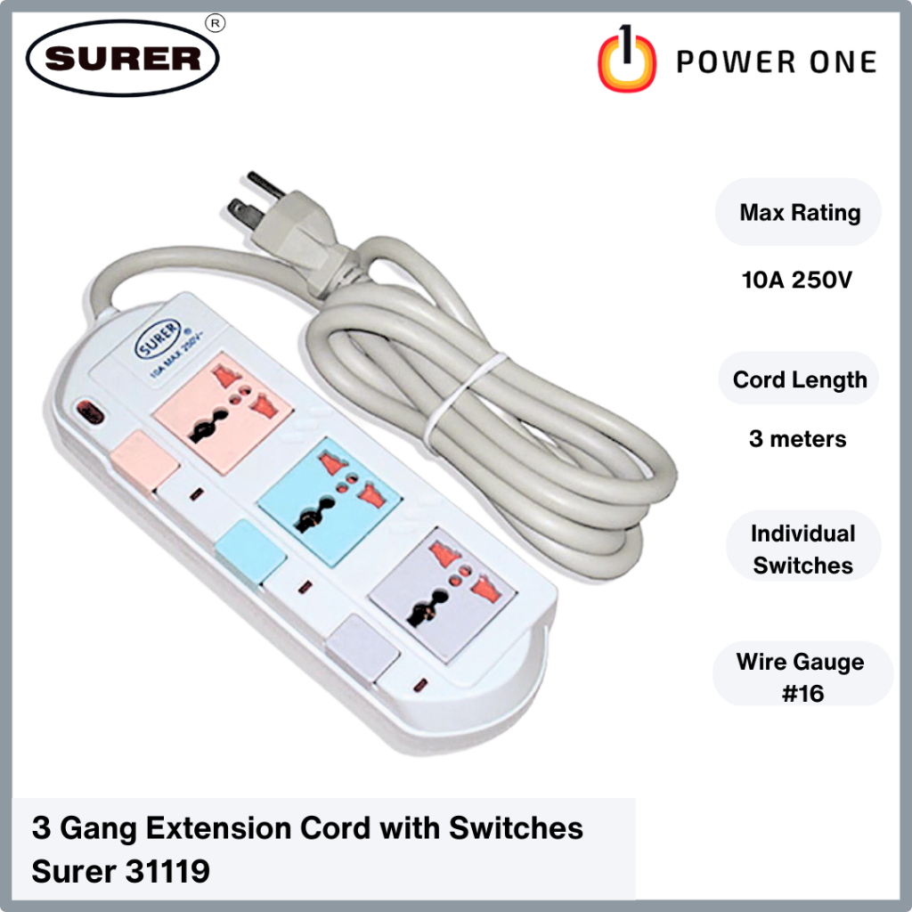 Surer 31119 (3m) 3 Gang Extension Cord with Individual Switch (White ...