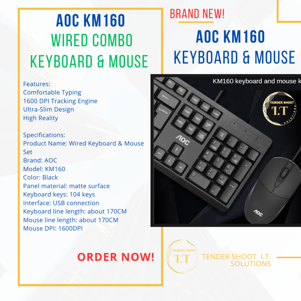 AOC KM160 USB Wired Combo Keyboard and Mouse Set Ergonomic 104 Keys ...
