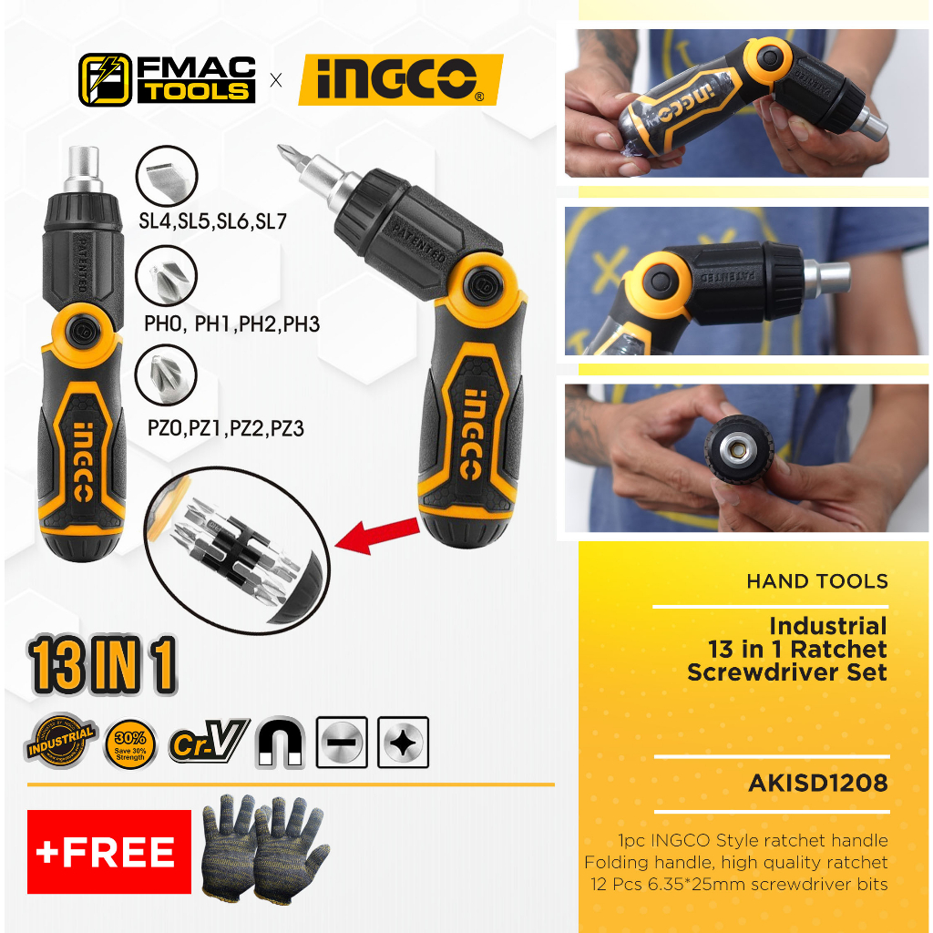 INGCO Industrial 13 in 1 Ratchet Screwdriver Set AKISD1208 + FREEBIES ...