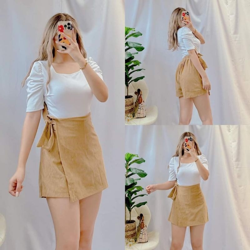 DashingDuds Lody Curduroy Skort Terno Knitted Puff sleeves Top | Shopee Philippines