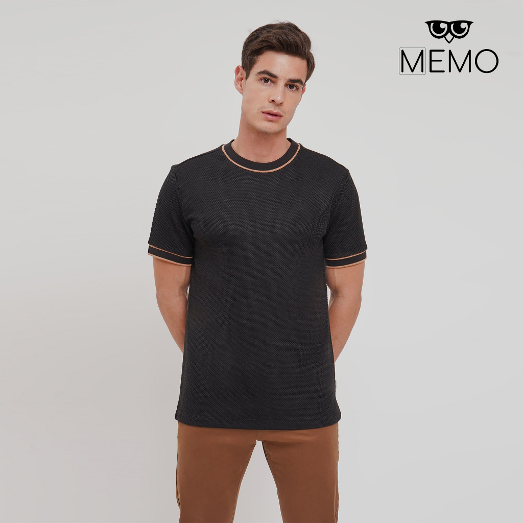 Memo Regular Textured T-Shirt With Contrast Tipping For Men (Black ...