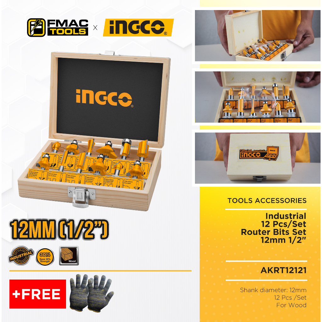 INGCO Industrial 12 Pcs/Set Router Bits Set 12mm 1/2" AKRT12121 ...