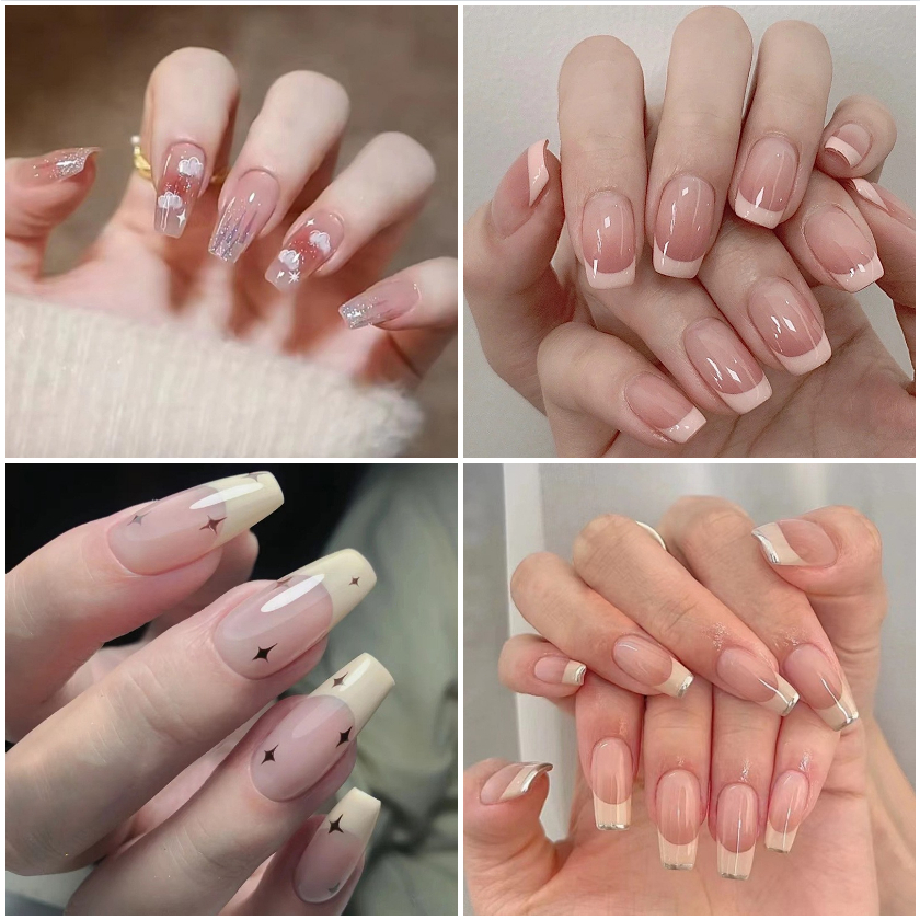 【Free Glue】Manicure Set 24Pcs Fake Nails With Design French Nails Cali ...