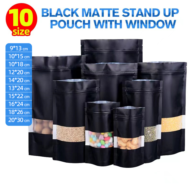 100pcs Black Matte Stand Up Pouch Resealable With Window Cookies Coffee ...