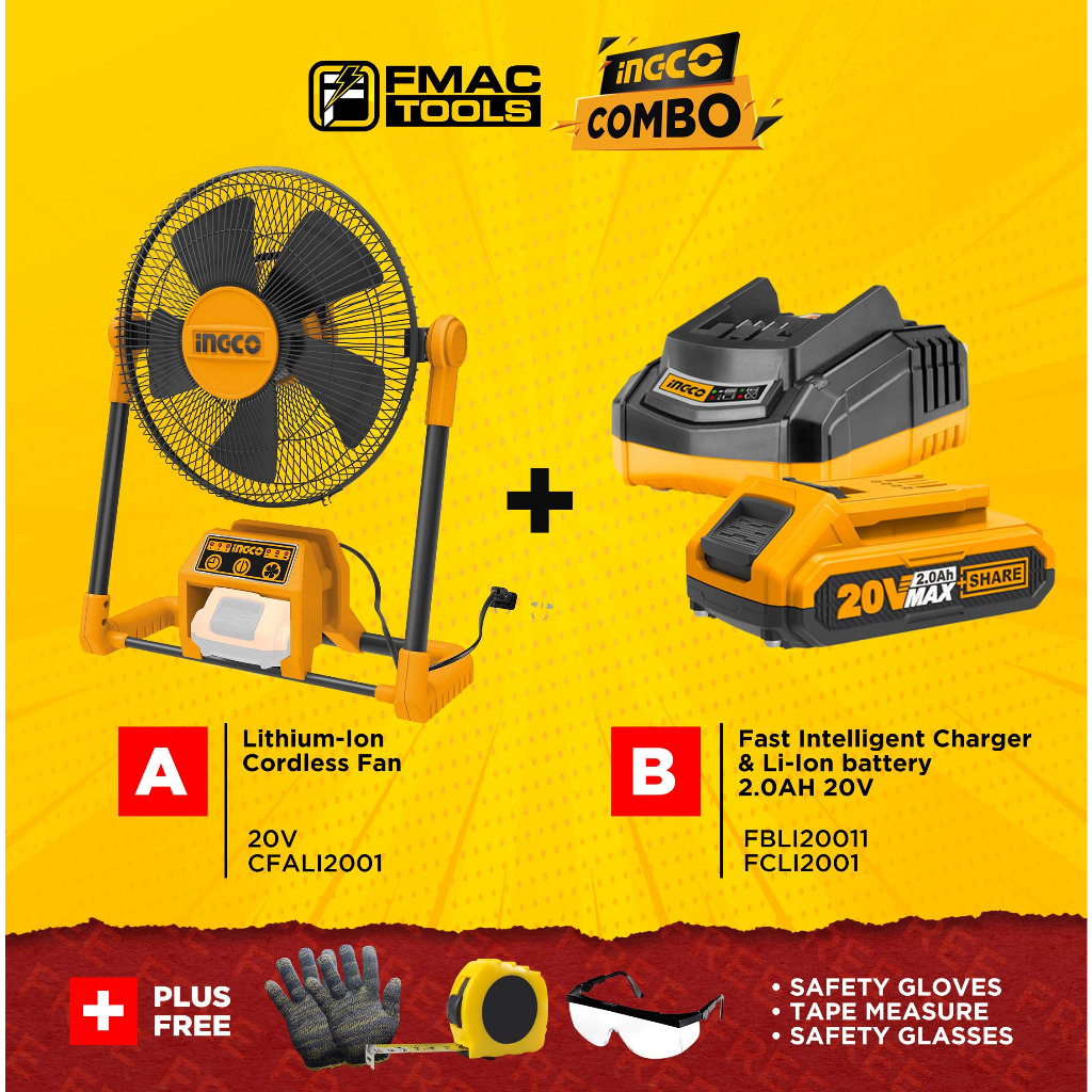 INGCO COMBO Cordless Industrial Fan 20V CFALI2001 + 2.0AH 20V Battery ...