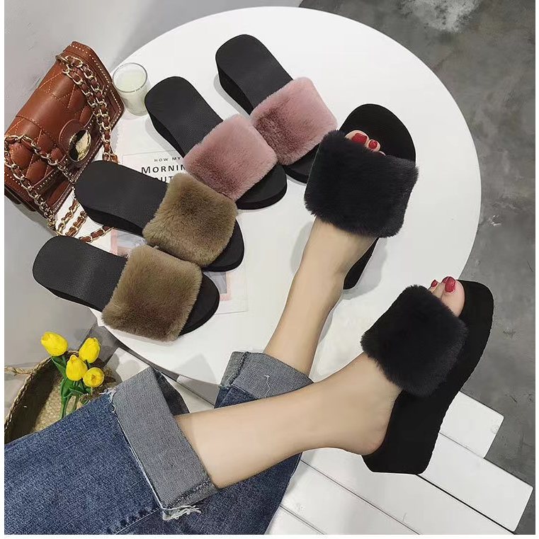 New Thick Sole Mesh Red Plush Slippers for Female Outwear Fashion ...