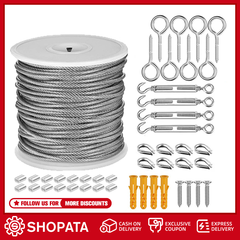Shopata 1 Set Wire Rope Cable Hooks Hanging Kit Flexible PVC Coated Stainless Steel Clothesline ...