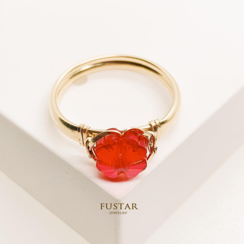 FUSTAR US 10K GOLD RED FOUR-LEAF CLOVER AUSTRIA CRYSTAL RING HYPOALLERGENIC NON-FADE NON-TARNISH ...