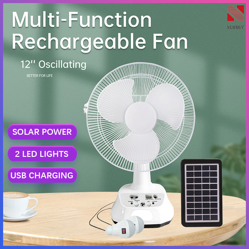 Solar Electric Fan 12 Inch Rechargeable 2 LED Lights 220V AC Desktop ...