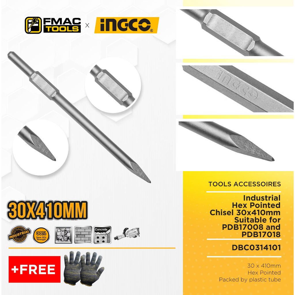 INGCO Industrial Hex Pointed Chisel 30x410mm DBC0314101 + FREEBIES FMAC ...