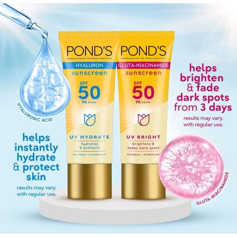PONDS HYALURON UV HYDRATE SUNSCREEN SPF50+ NO WHITECAST/GLASS SKIN ...