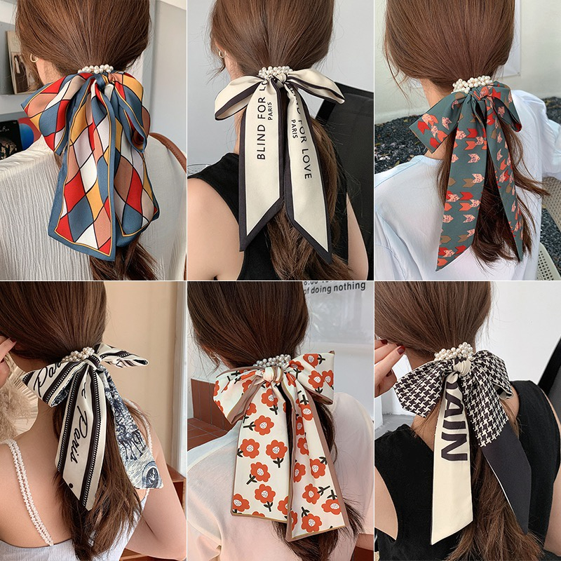 Girls Women Silk Scarf Ribbon Pearl Hair Circle Korean Fashion Hair Tie ...