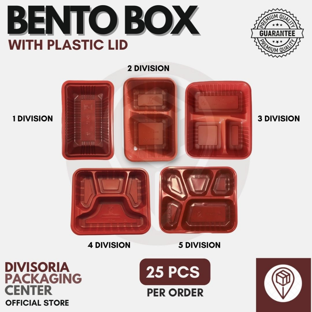 (25pcs) Bento Box Tray with Plastic Lid [ 1 / 2 / 3 / 4 / 5 Division ] Black & Red / Disposable ...