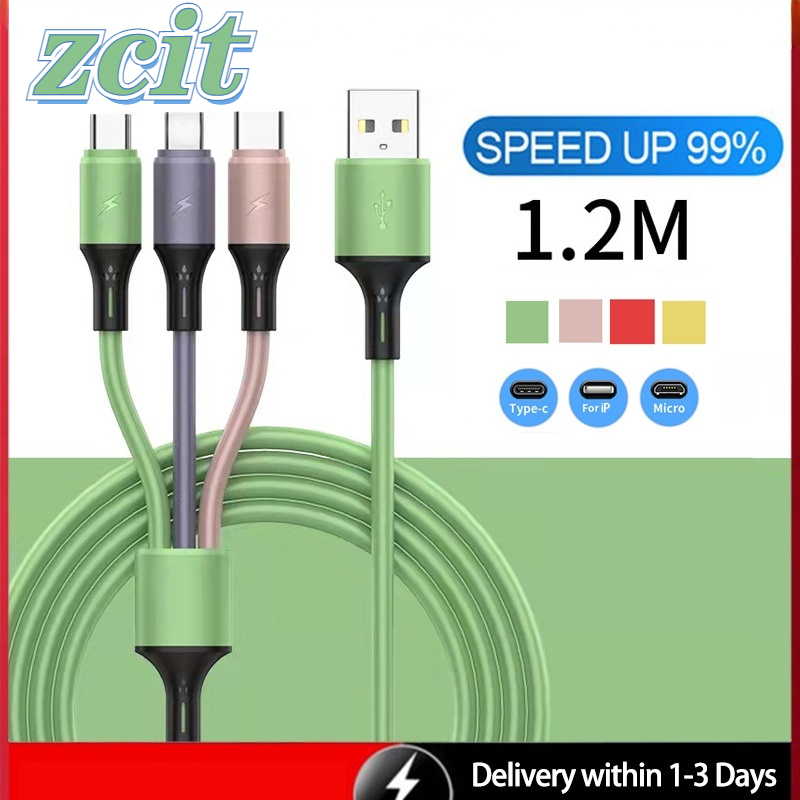 3A 3 In 1 Liquid Silicone USB Cable Fast Charger Cable Micro USB/Type-C ...