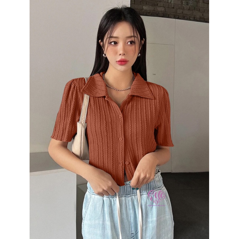 Melody Textured Knit Basic Korea Button Up Polo Top 11375# | Shopee ...