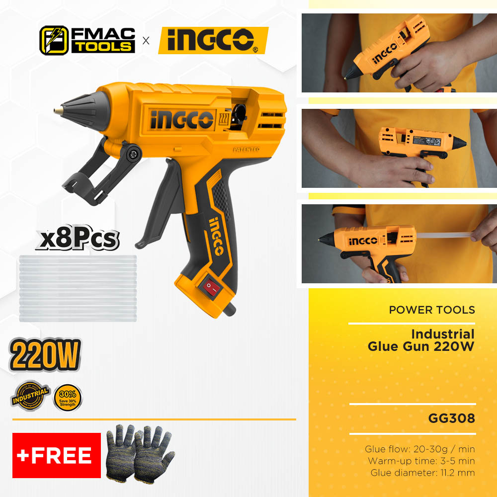INGCO Industrial Glue Gun 220W GG308 + FREEBIES FMAC TOOLS | Shopee ...