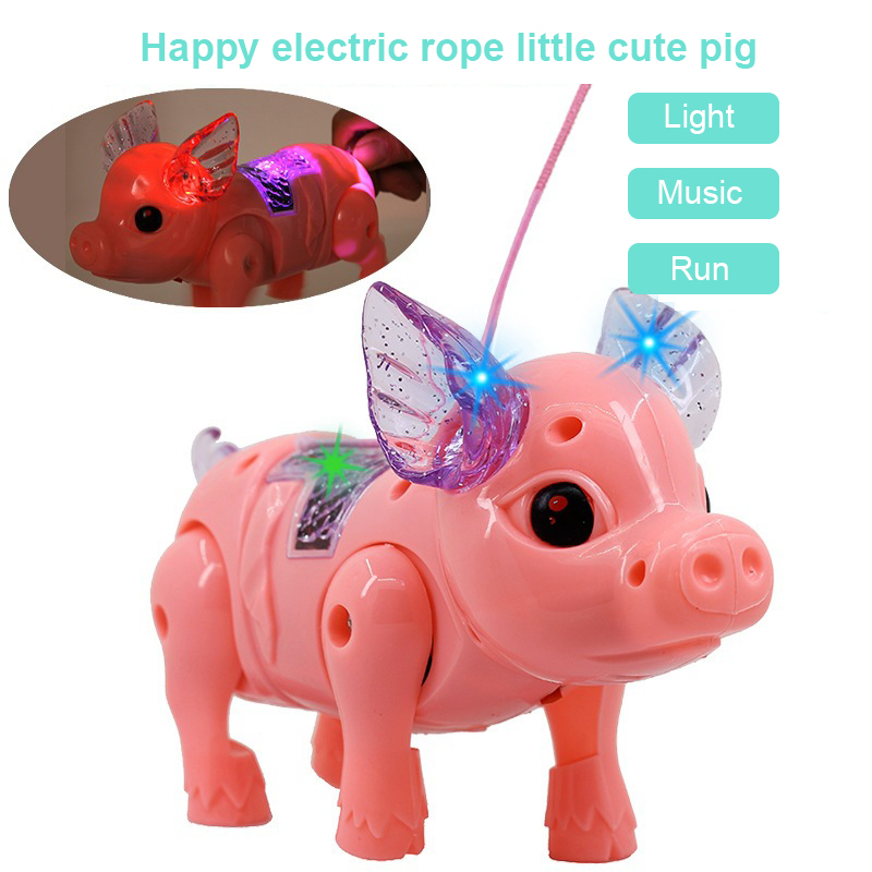Cute Electric Musical Walking Pig Toy with LED Light Drawstring Pet ...