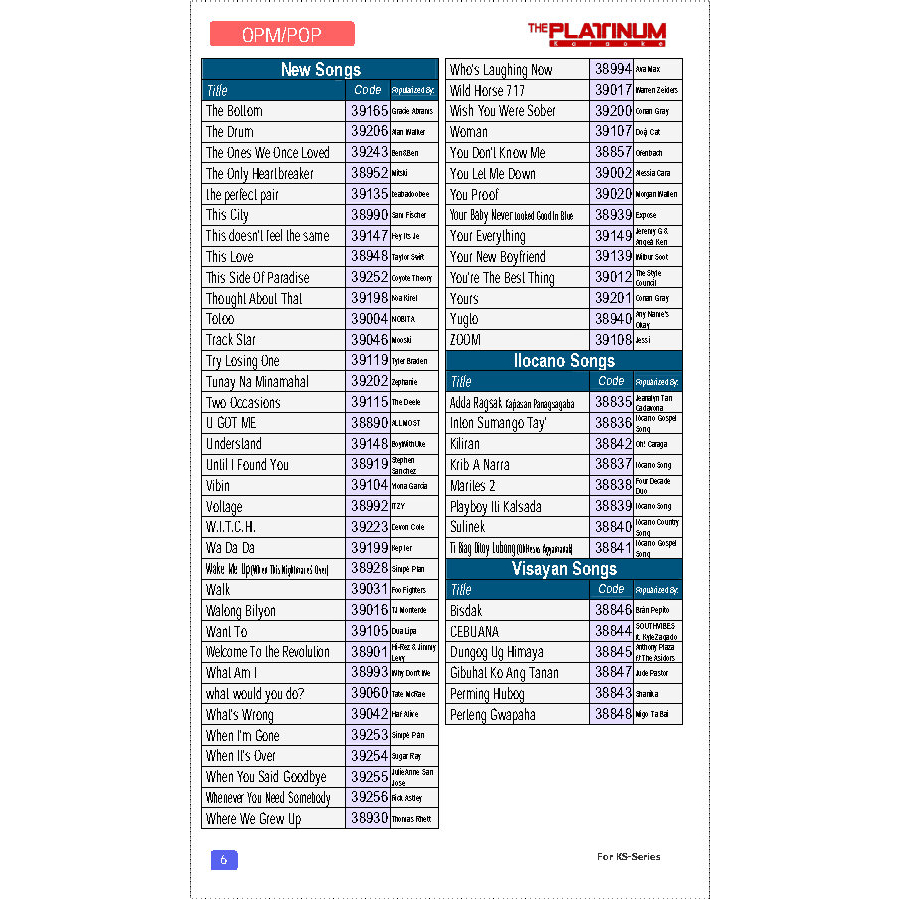VOLUME 21 SONGLIST OF PLATINUM KS-1, KS-5, KS-10 (6 PAGES) | Shopee Philippines