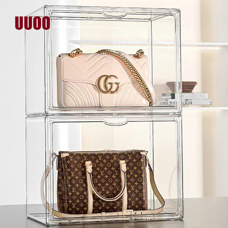 UUOO Stackable Acrylic Bag Organizer Case & Display Box Side Drop ...