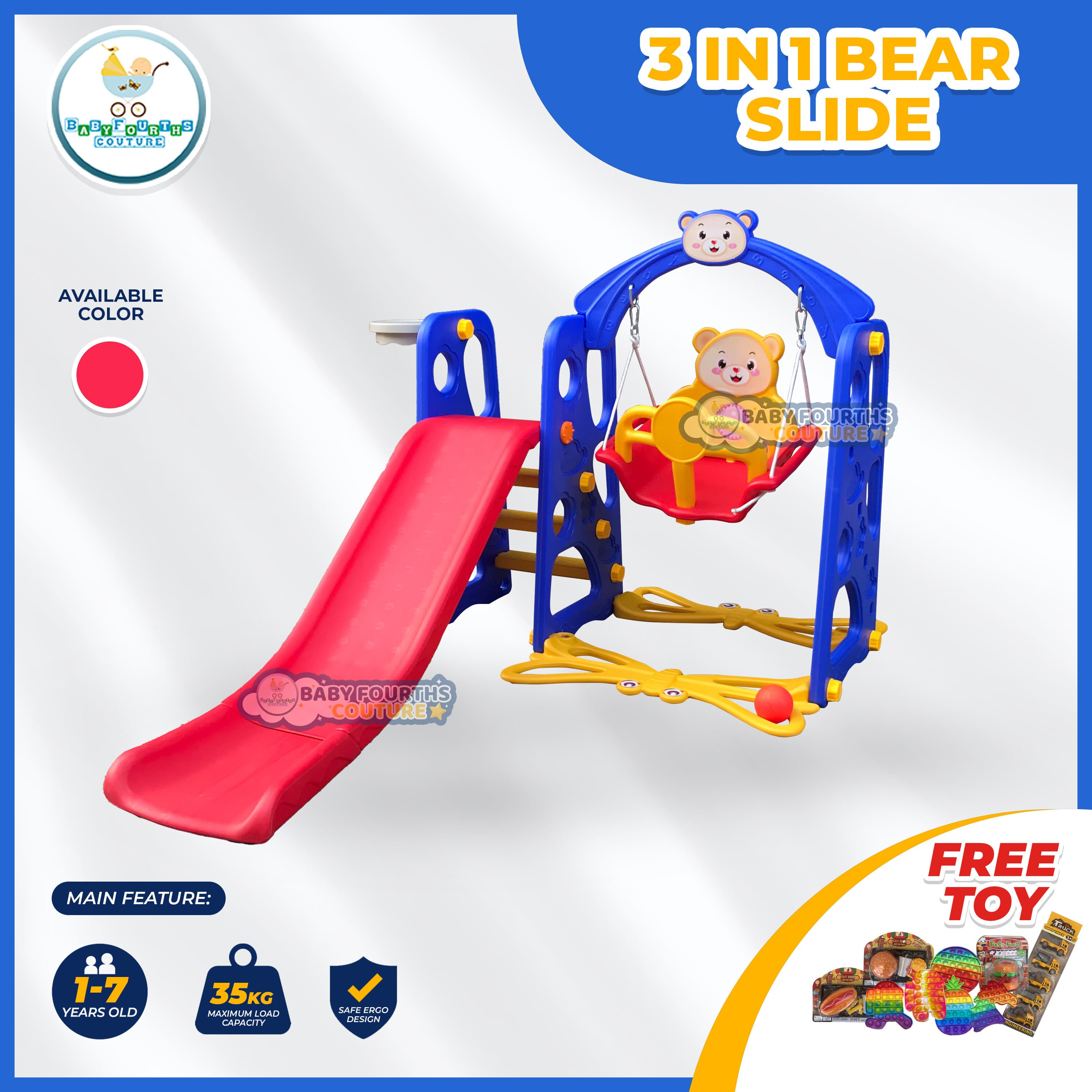 3 in 1 Mini Bear Slide with Basketball Hoop, Swing, and Slide for Kids ...