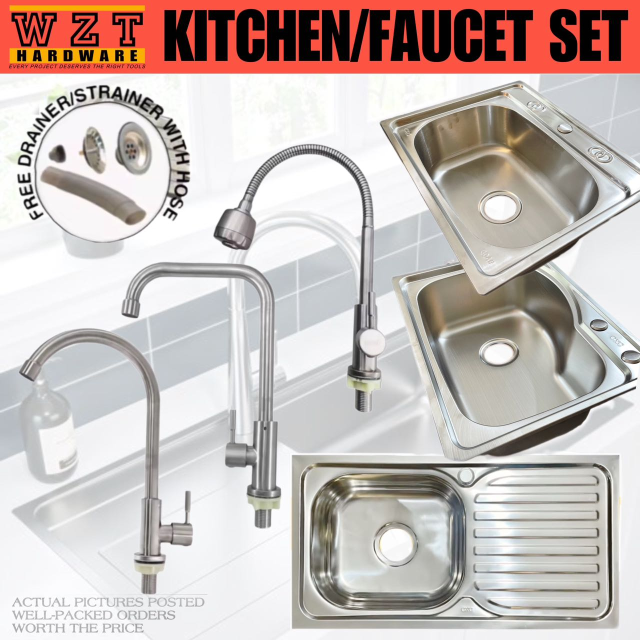 WZT STAINLESS KITCHEN SINK W/ GOOSENECK FAUCET AND SINK STRAINER BUNDLE ...