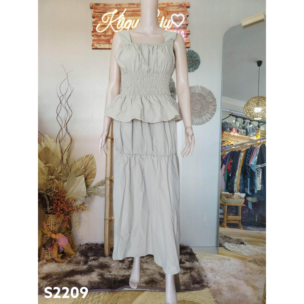 KYU S #2209 Khaki False Two Piece Bustier Smocked & Ruffle Waist Maxi Dress L | Shopee Philippines