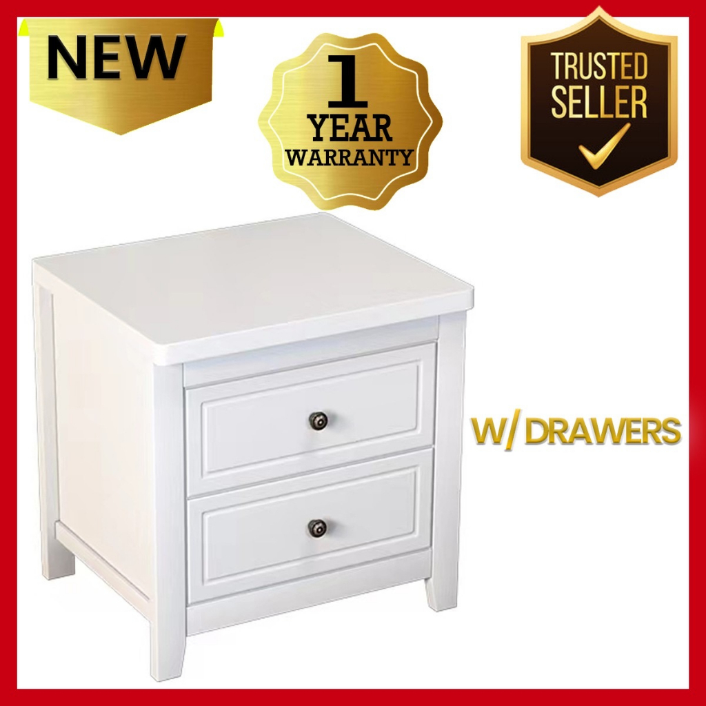Wane Solid Thailand Rubberwood Bed Side Table (with Drawers) (White ...