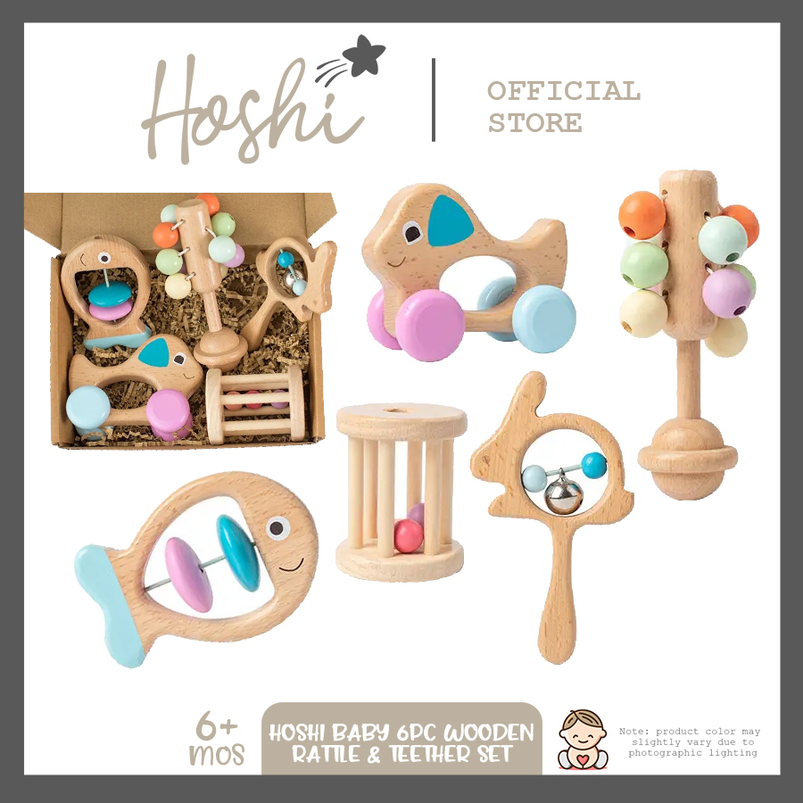 Hoshi Baby 5pc Wooden Montessori Rattle and Teether Set for Infant ...
