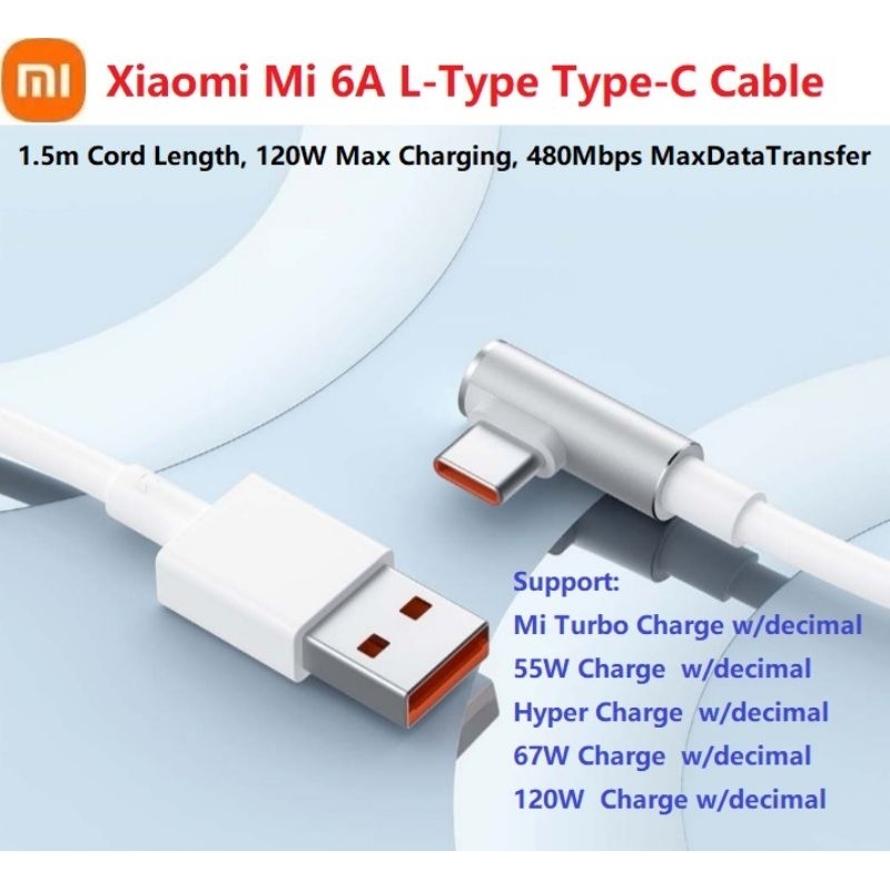 Xiaomi Mi 6A L-Type Type-C Cable Support Mi Turbo Charge 55W 67W 120W ...
