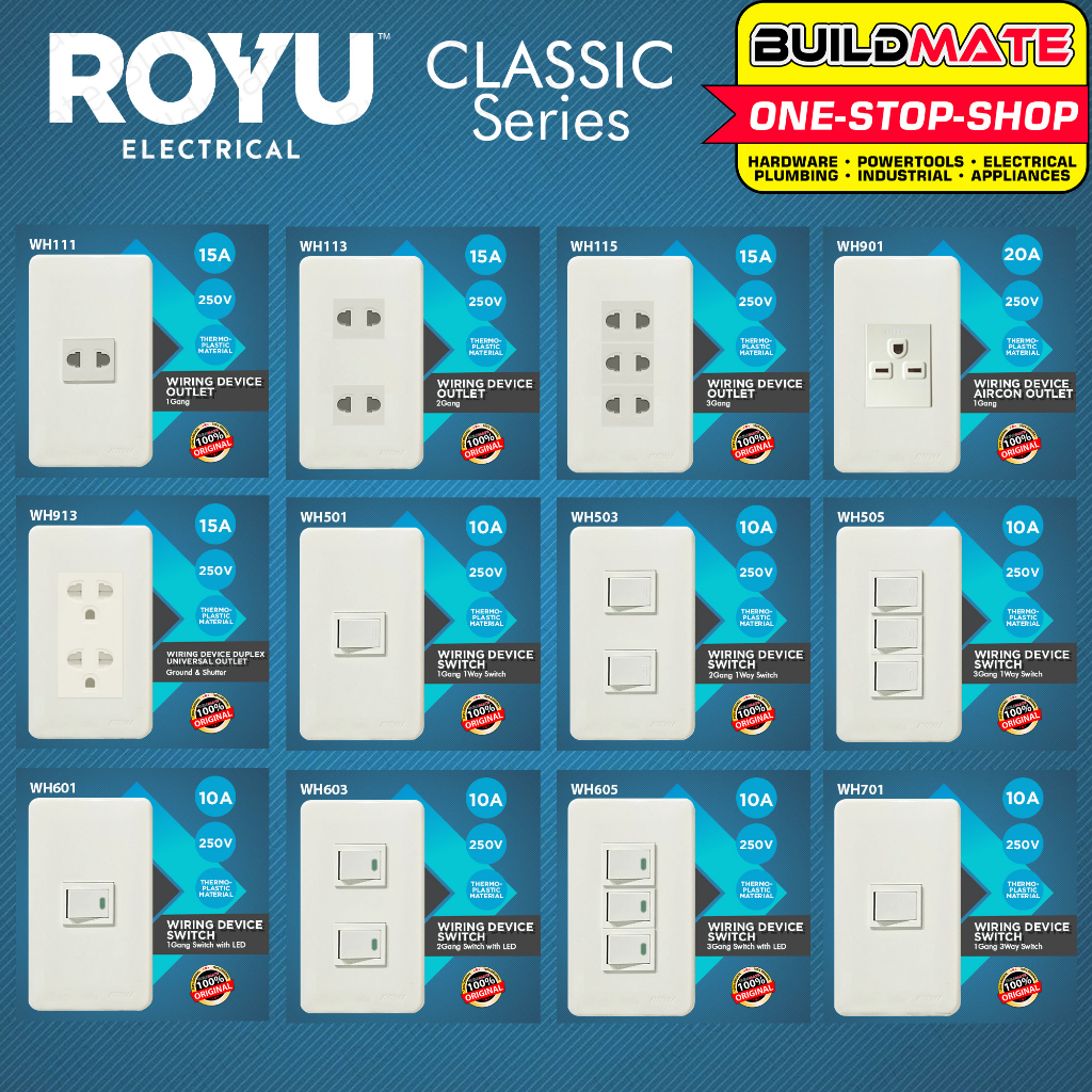Buildmate x ROYU White Classic Series 1Gang | 2Gang | 3Gang Wall Switch Outlet Universal Socket ...