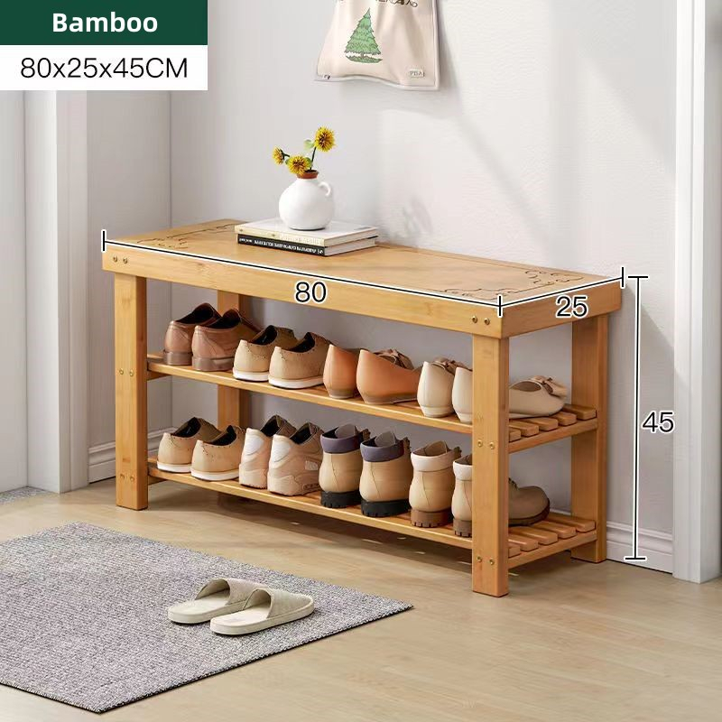 60/80CM 2Layer Bamboo Shoe Stool Cabinet Shoe Rack Stool Storage Modern ...