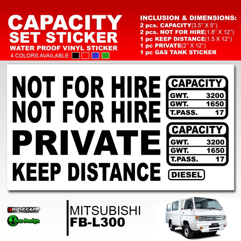 Mitsubishi FB - L300 CAPACITY SET STICKER / NOTE FOR HIRE / KEEP ...