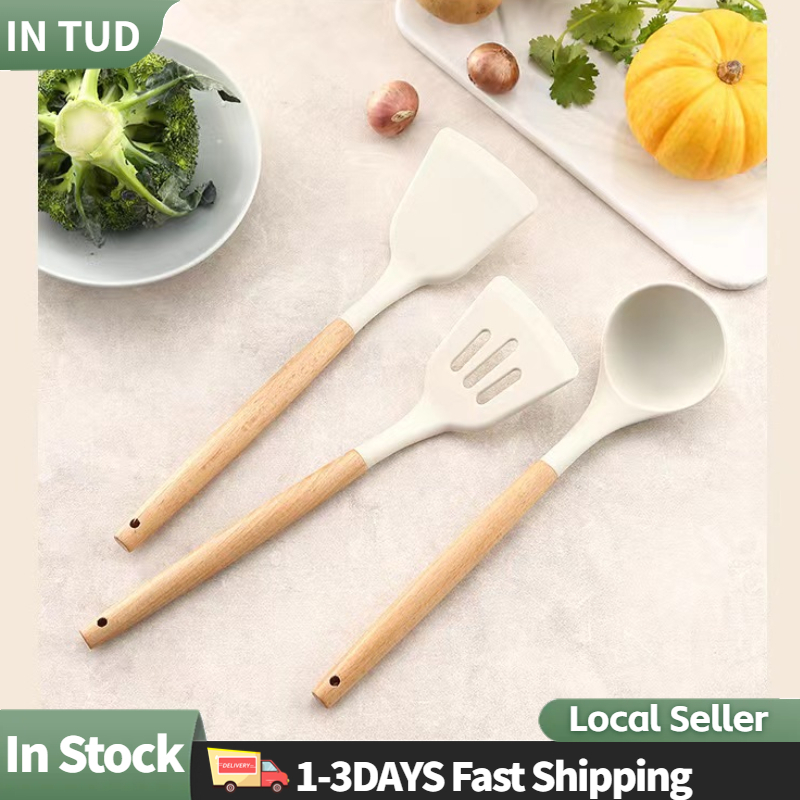 Spot goods set of 3 kitchen utensils with wooden handle silicone ...