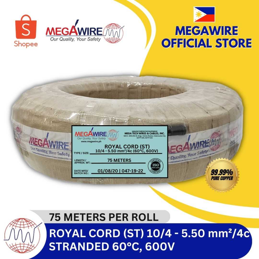 ROYAL CORD (ST) 10/4 - 5.5mm²/4c, 60°C, 600V - ROLL (75 Meter) BLACK | Shopee Philippines
