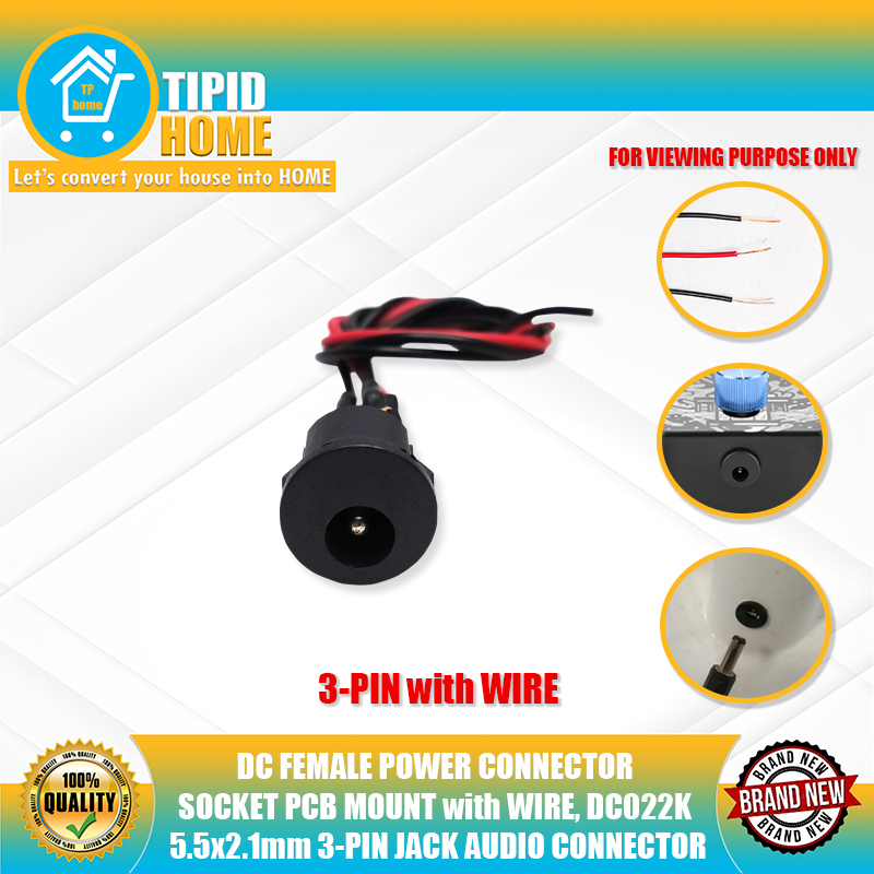 DC FEMALE POWER CONNECTOR SOCKET PCB MOUNT with WIRE, DC022K 5.5x2.1mm ...