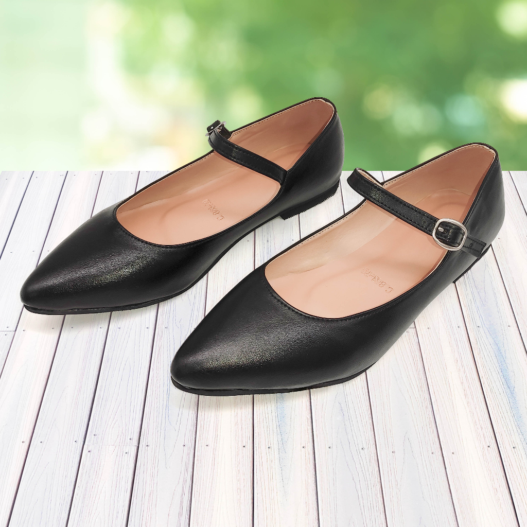R&A863 Flat Pointed Toe with Ankle Strap in Black Vegan Leather Office ...